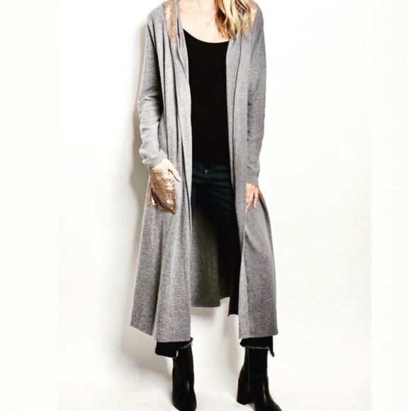 L Love | Sweaters | Ava Hooded Sequin Gray Duster Cardigan Sweater ...
